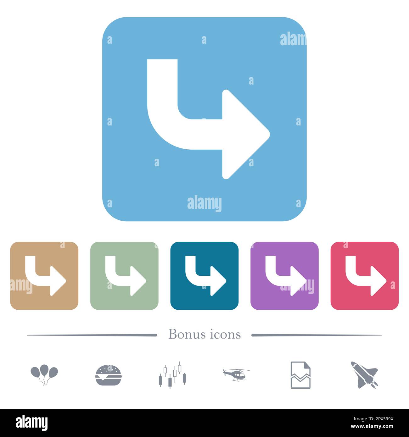 Bottom right side turn arrow solid white flat icons on color rounded ...