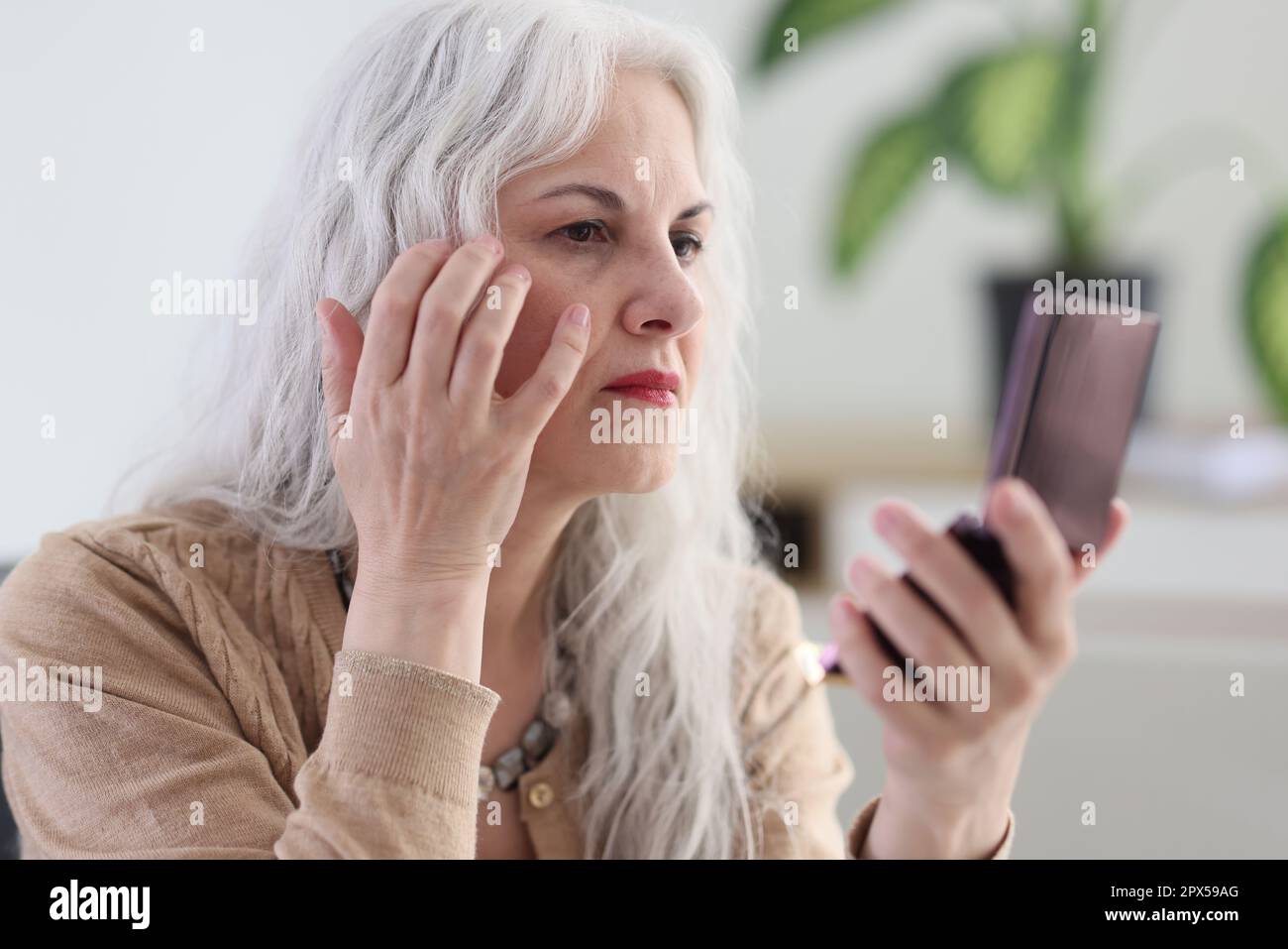 Mature woman with long grey hair examines wrinkles on face Stock Photo ...