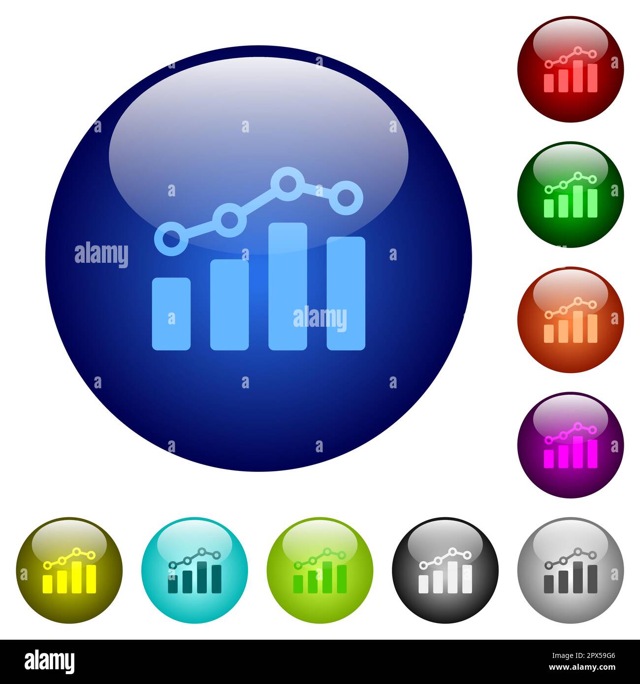 Bar graph with circles and lines icons on round glass buttons in multiple colors. Arranged layer ...