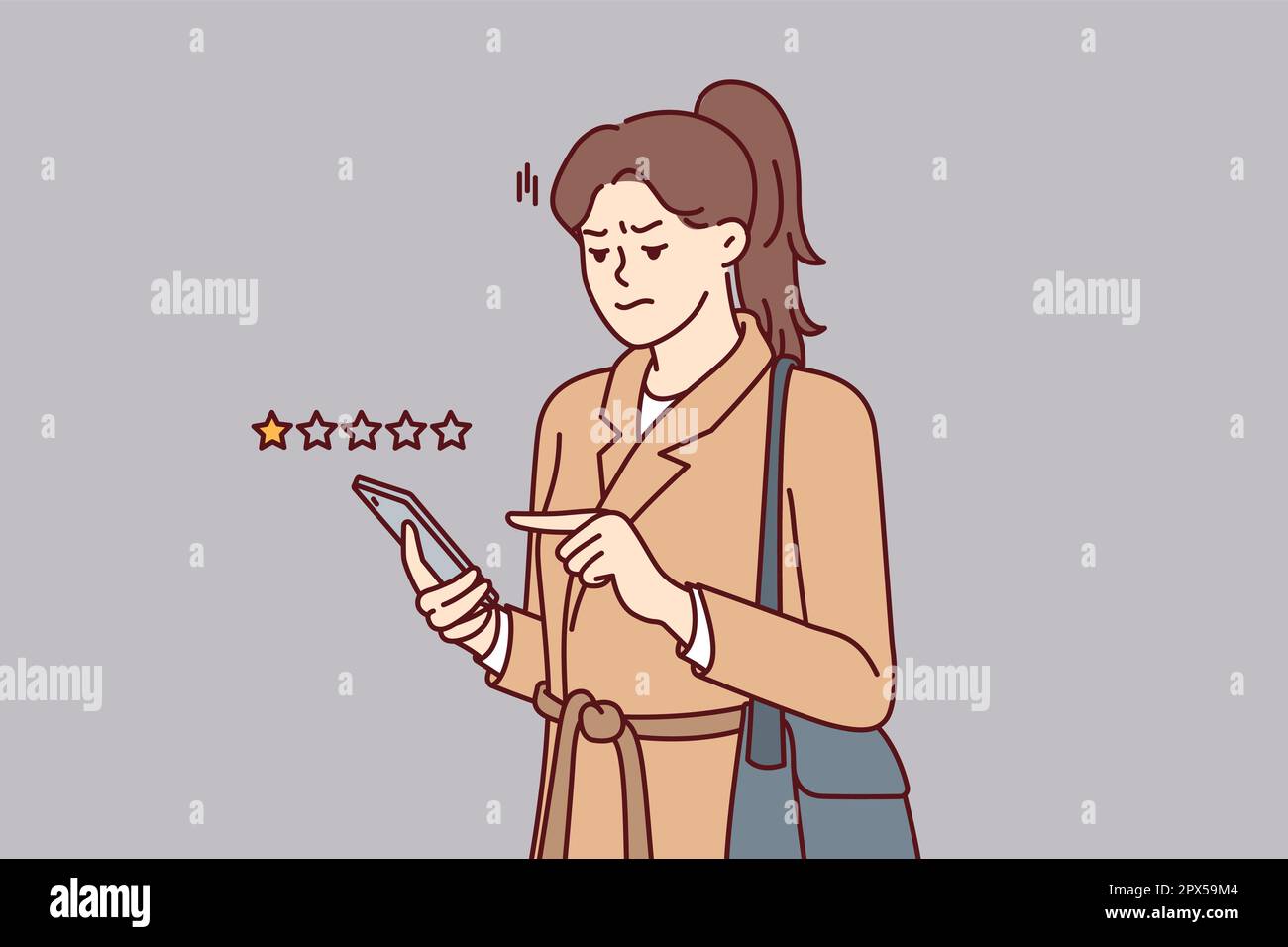 Woman with phone shares user experience by giving negative rating to ...