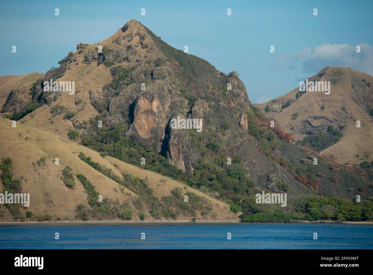 Coastline and hill, near Tatawa Besar Island, Komodo National Park ...