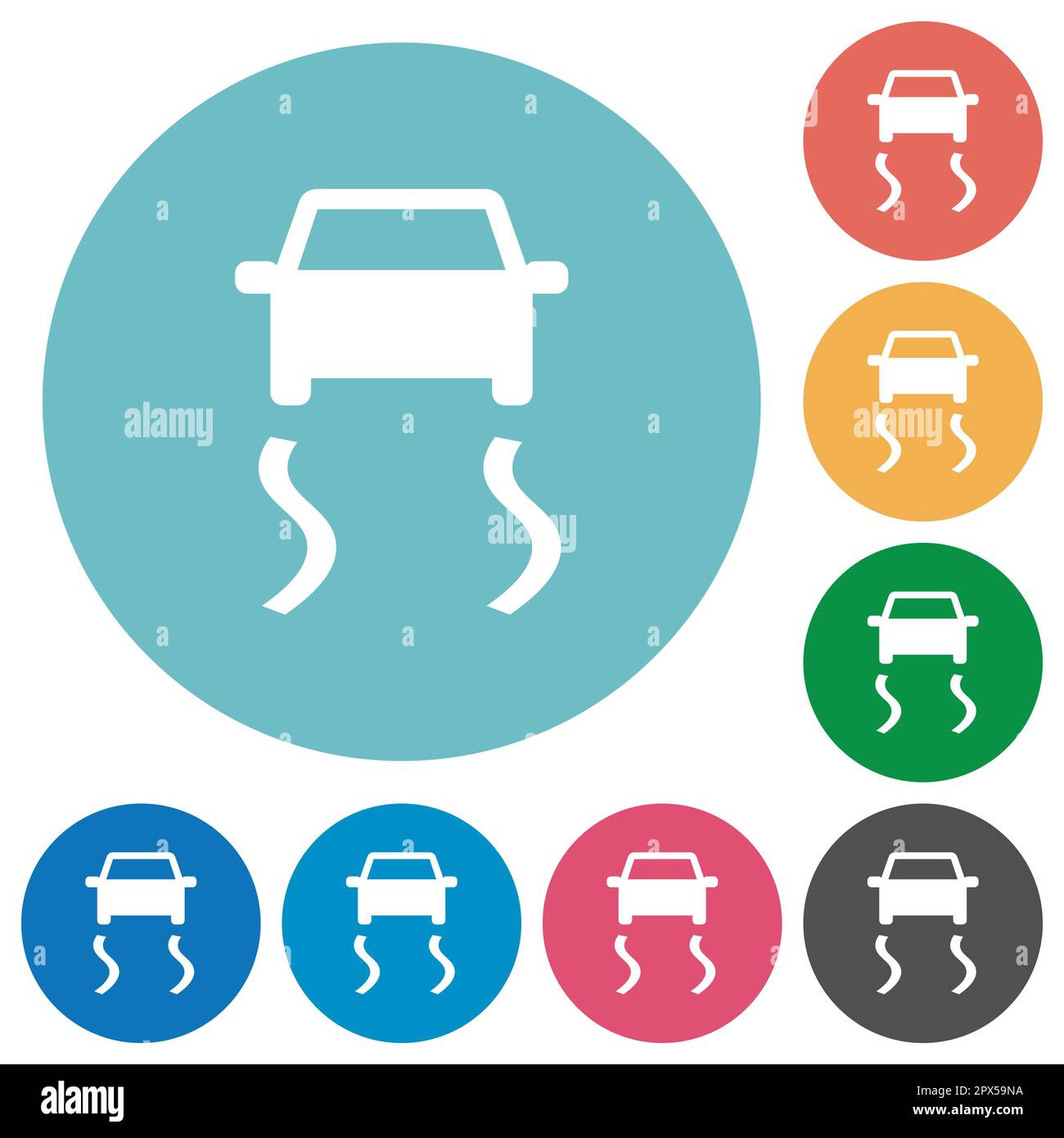 Slippery road dashboard indicator flat white icons on round color ...