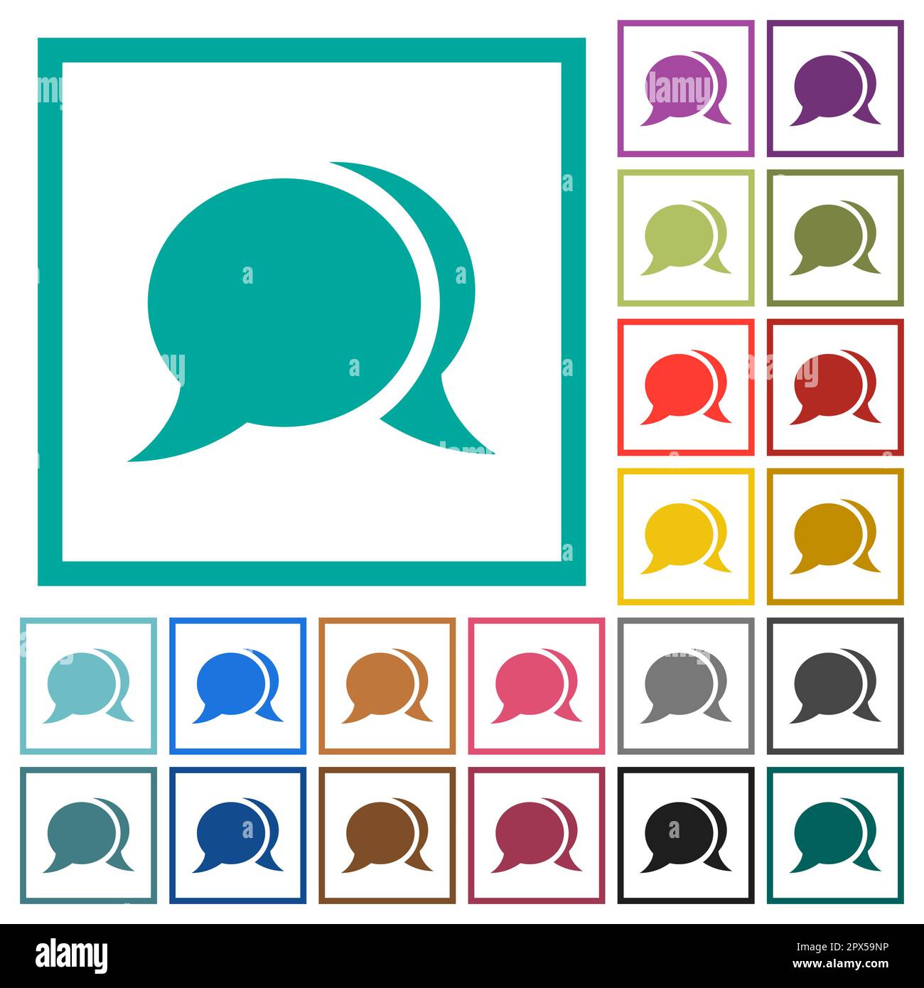 Two oval chat bubbles solid flat color icons with quadrant frames on ...