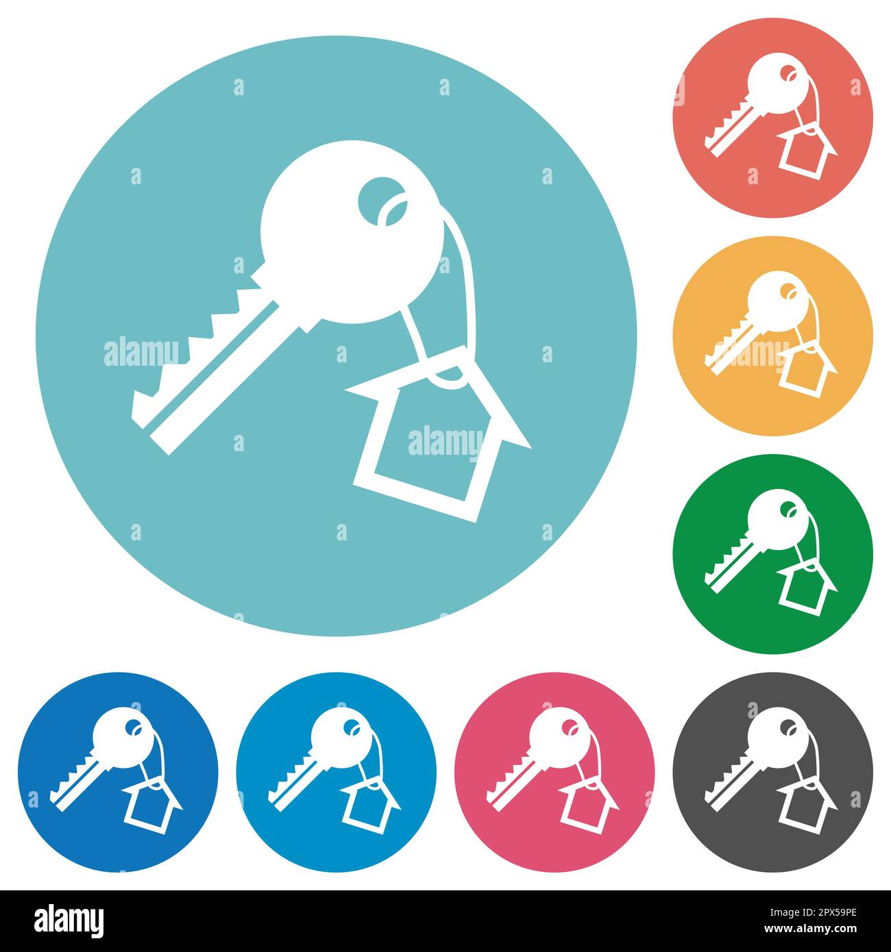 Key and small house on the key ring flat white icons on round color ...