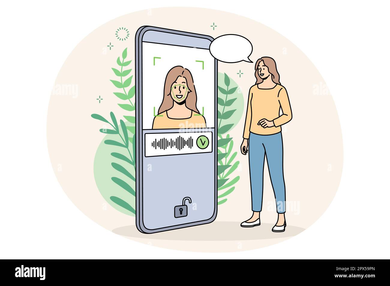 Smiling woman unlock mobile phone with face ID. Female smartphone user get access to data with ...