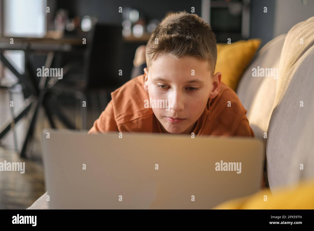 Teen boy study or play game on laptop home interior background. Guy ...
