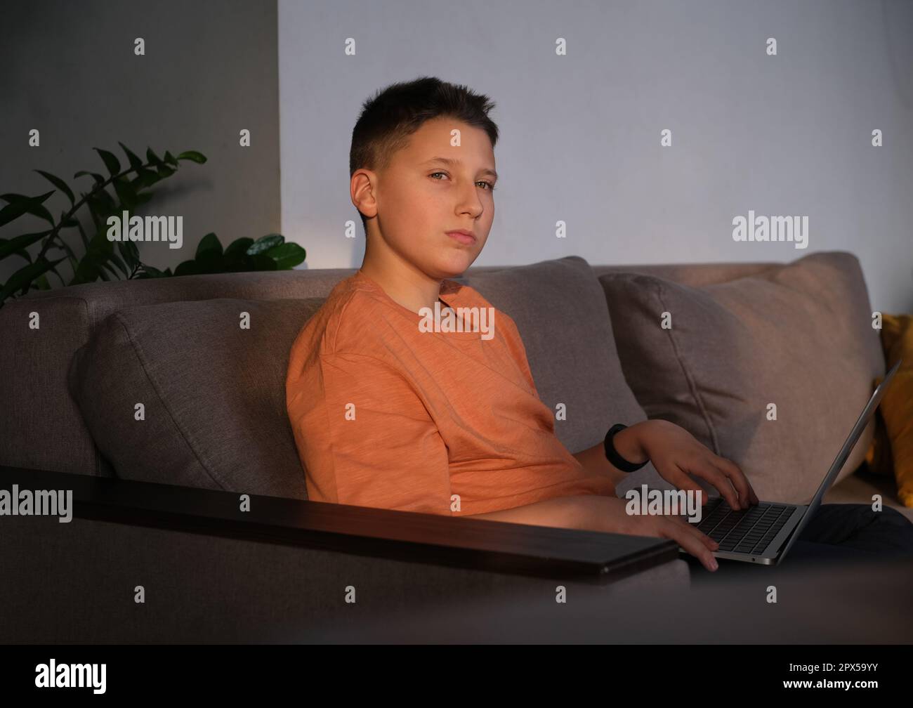 Teen boy study or play game on laptop home interior background. Guy ...