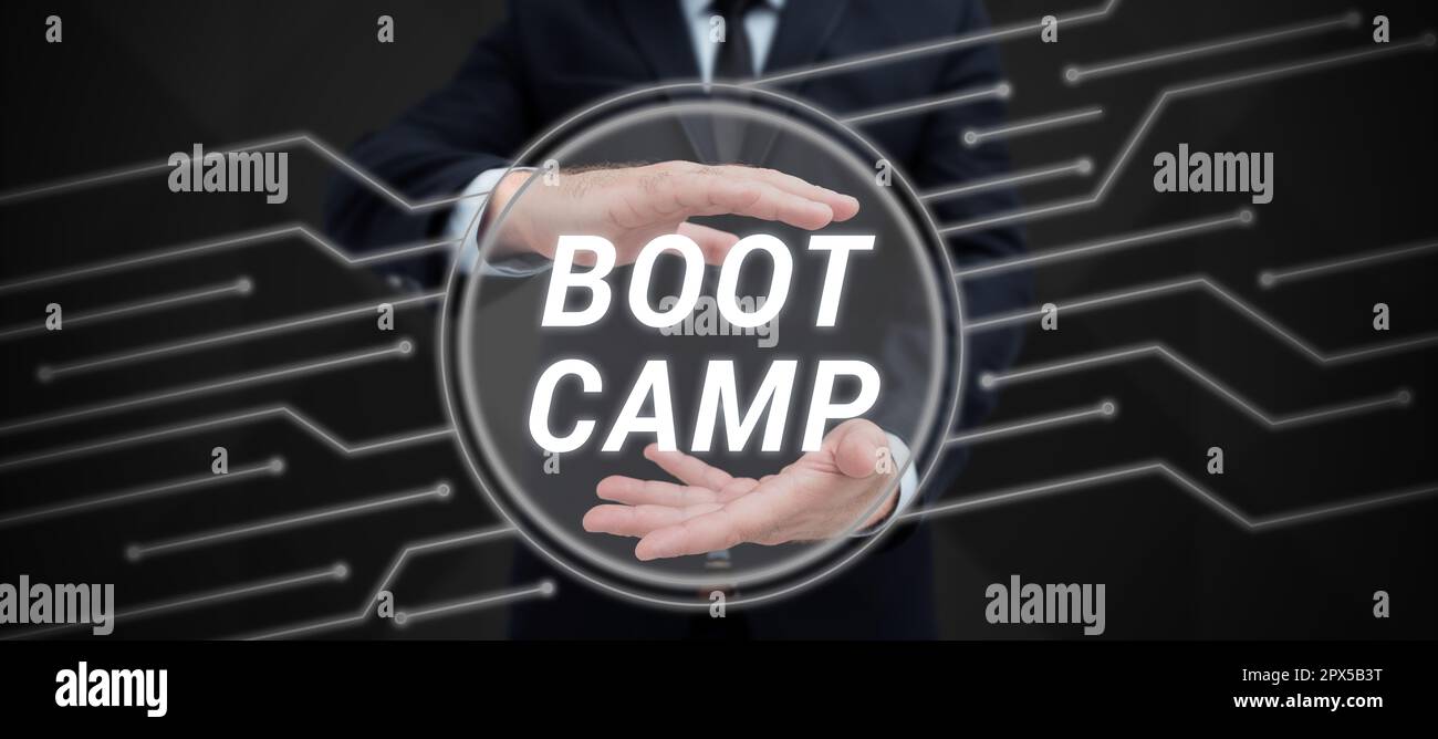 Sign displaying Boot Camp, Business concept Military training camp for ...