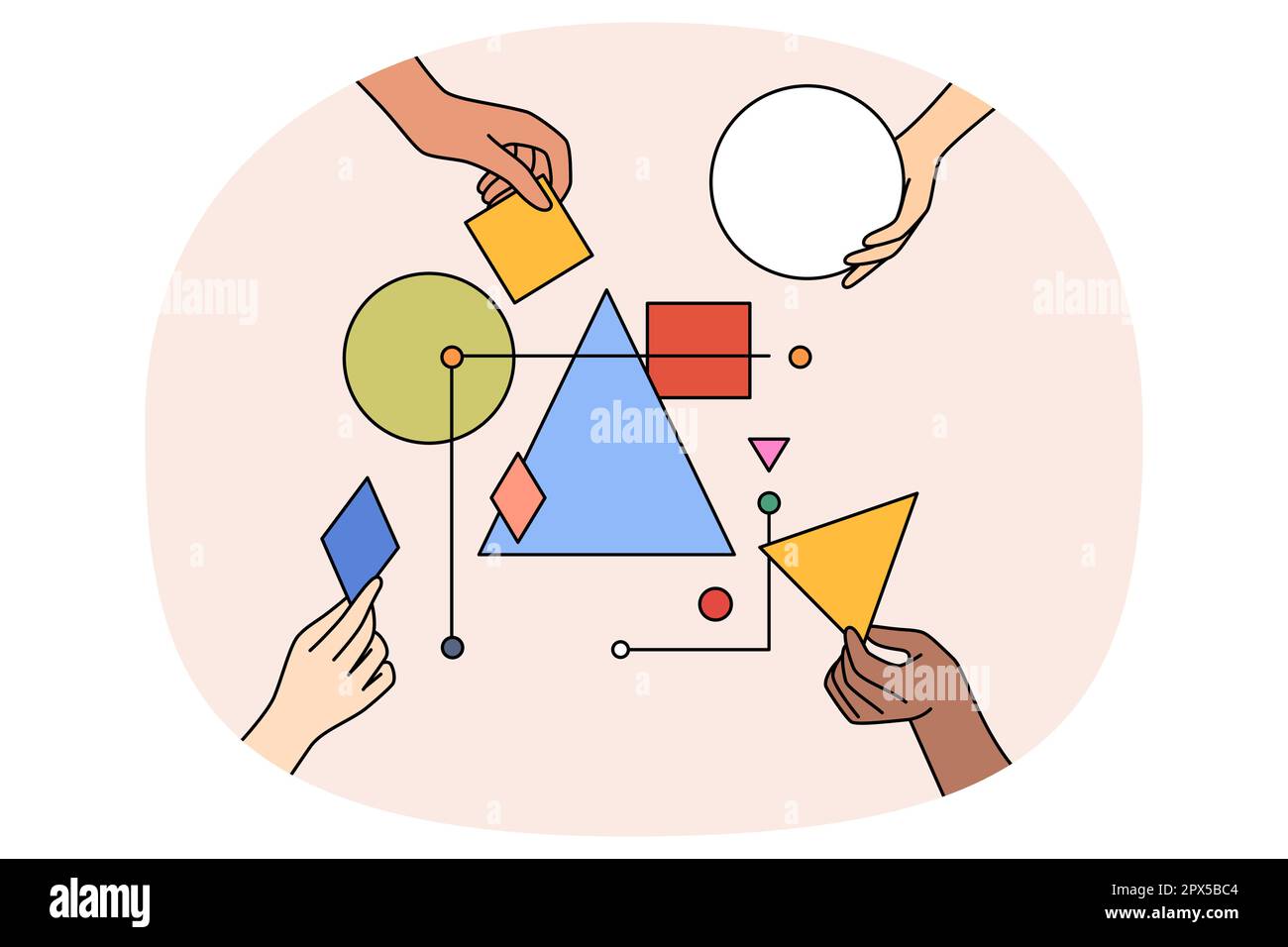 Multiethnic work team connect geometrical shapes and figures involved ...