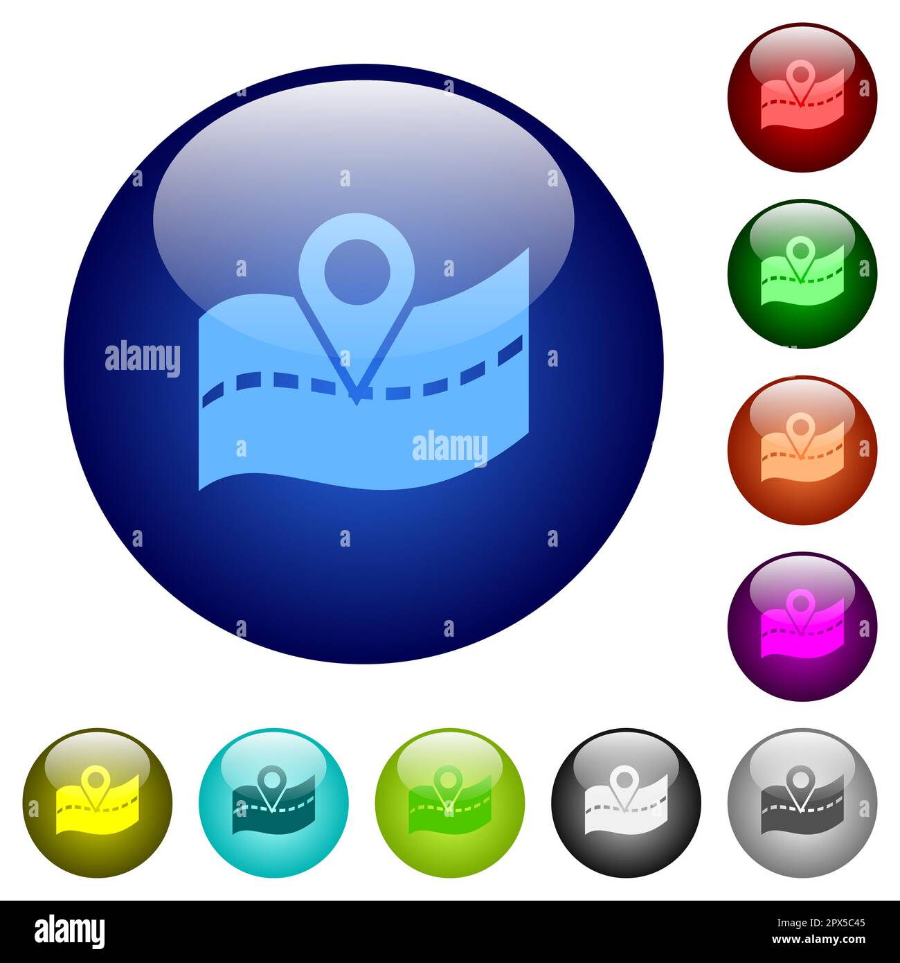 GPS road location icons on round glass buttons in multiple colors ...