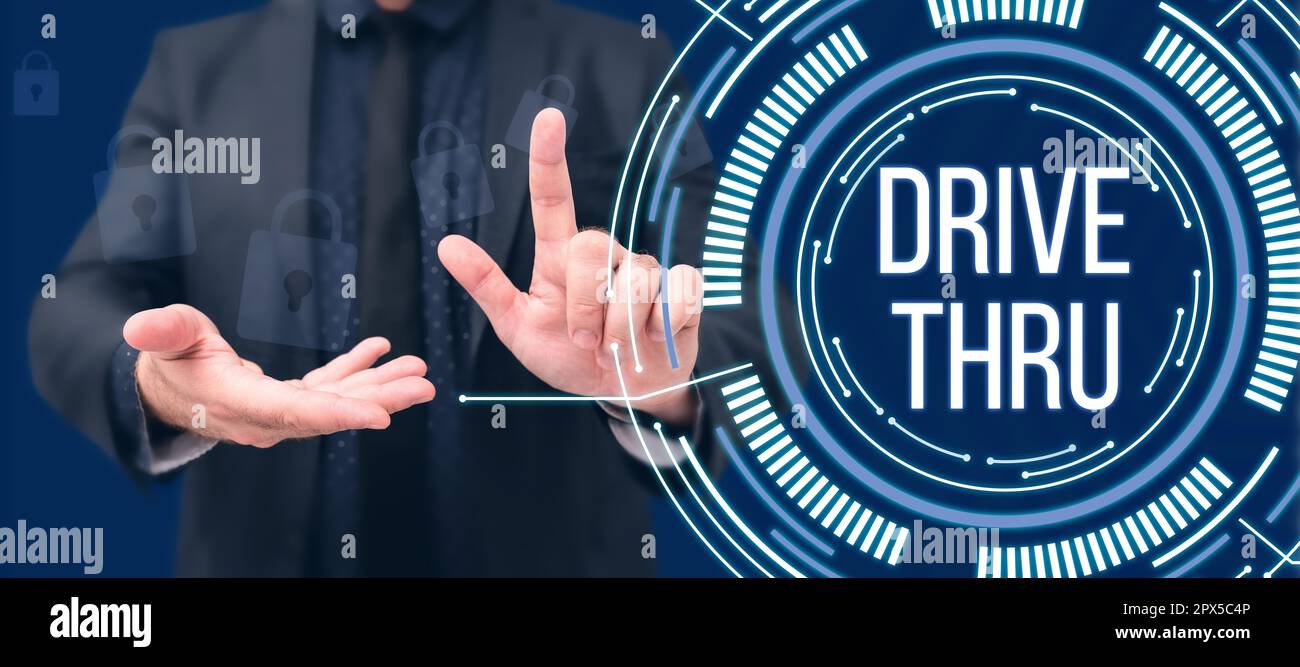 Sign displaying Drive Thru, Word for place where you can get type of ...