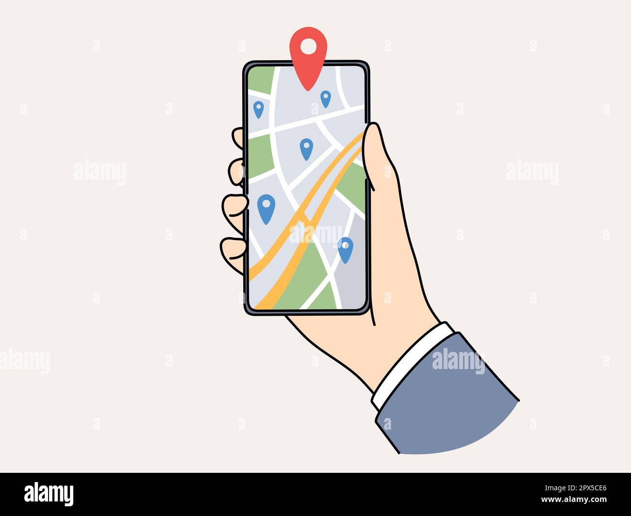 Closeup of person holding cellphone with GPS pointer on digital map ...