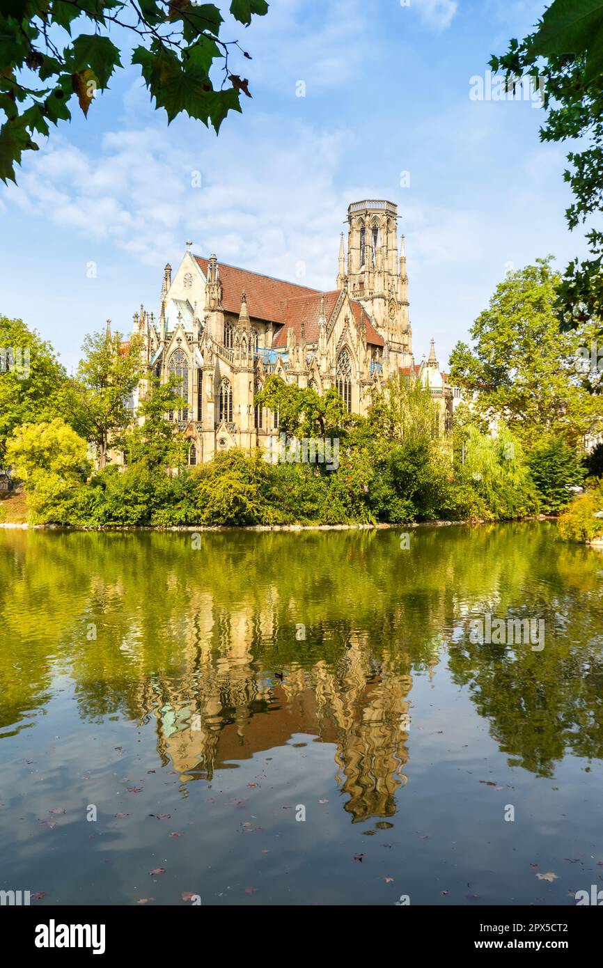 Stuttgart Johanneskirche church at Feuersee lake portrait format town ...