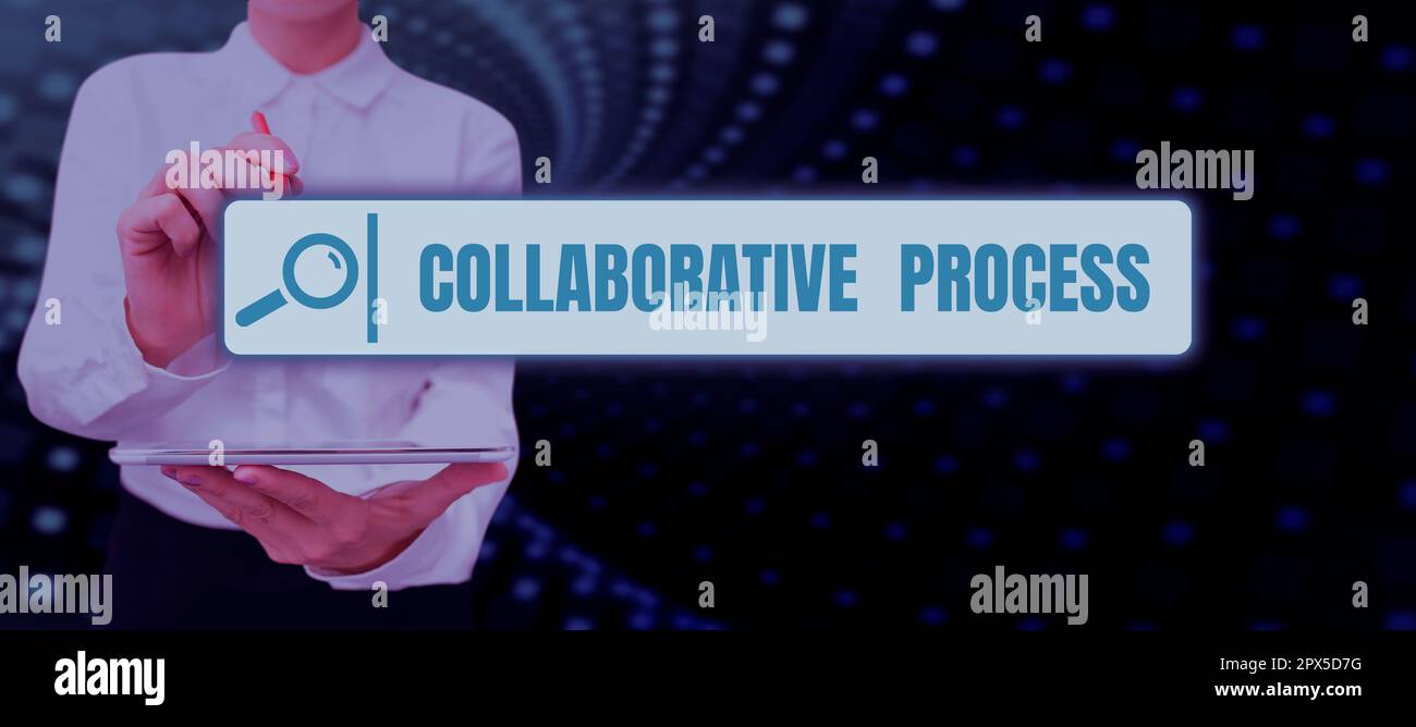 Hand writing sign Collaborative Process, Business overview people and ...