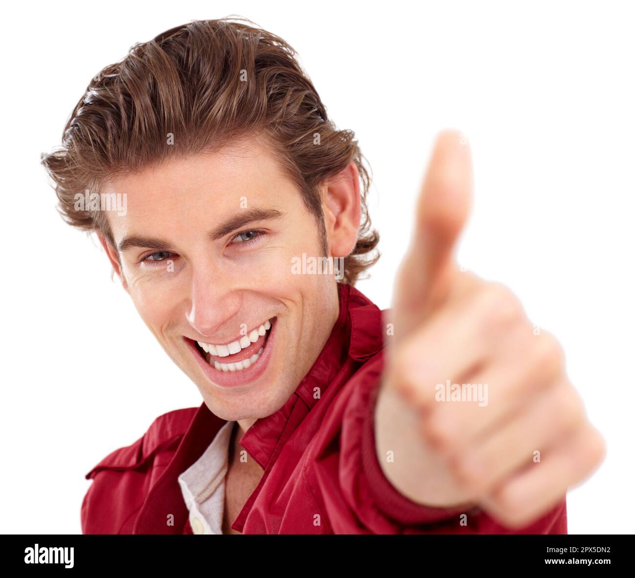 Man with smile in portrait, thumbs up and hand gesture, emoji and ...