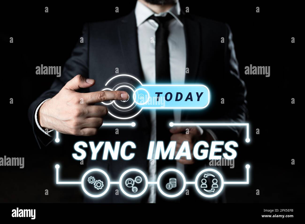Text caption presenting Sync Images, Word Written on Making photos ...