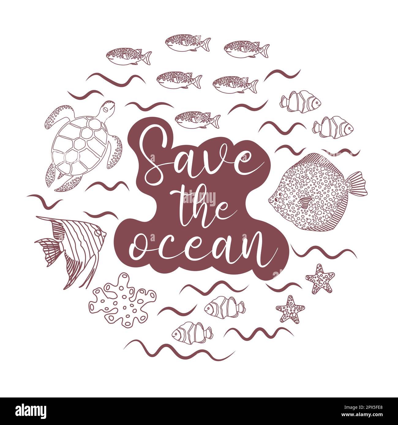 Vector ocean illustration with turtle, scalaria,fugu fish starfish.Save ...