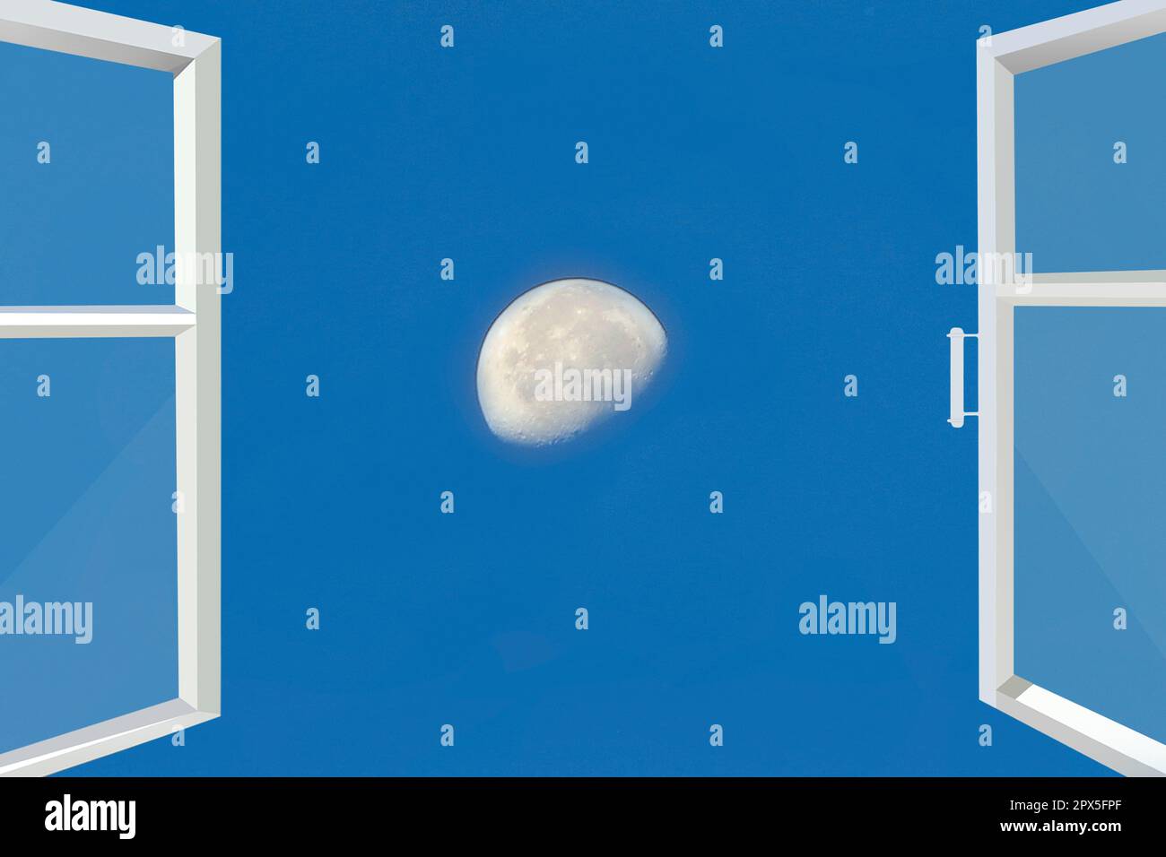View of moon through open window. Sky panorama. View of moon in blue ...