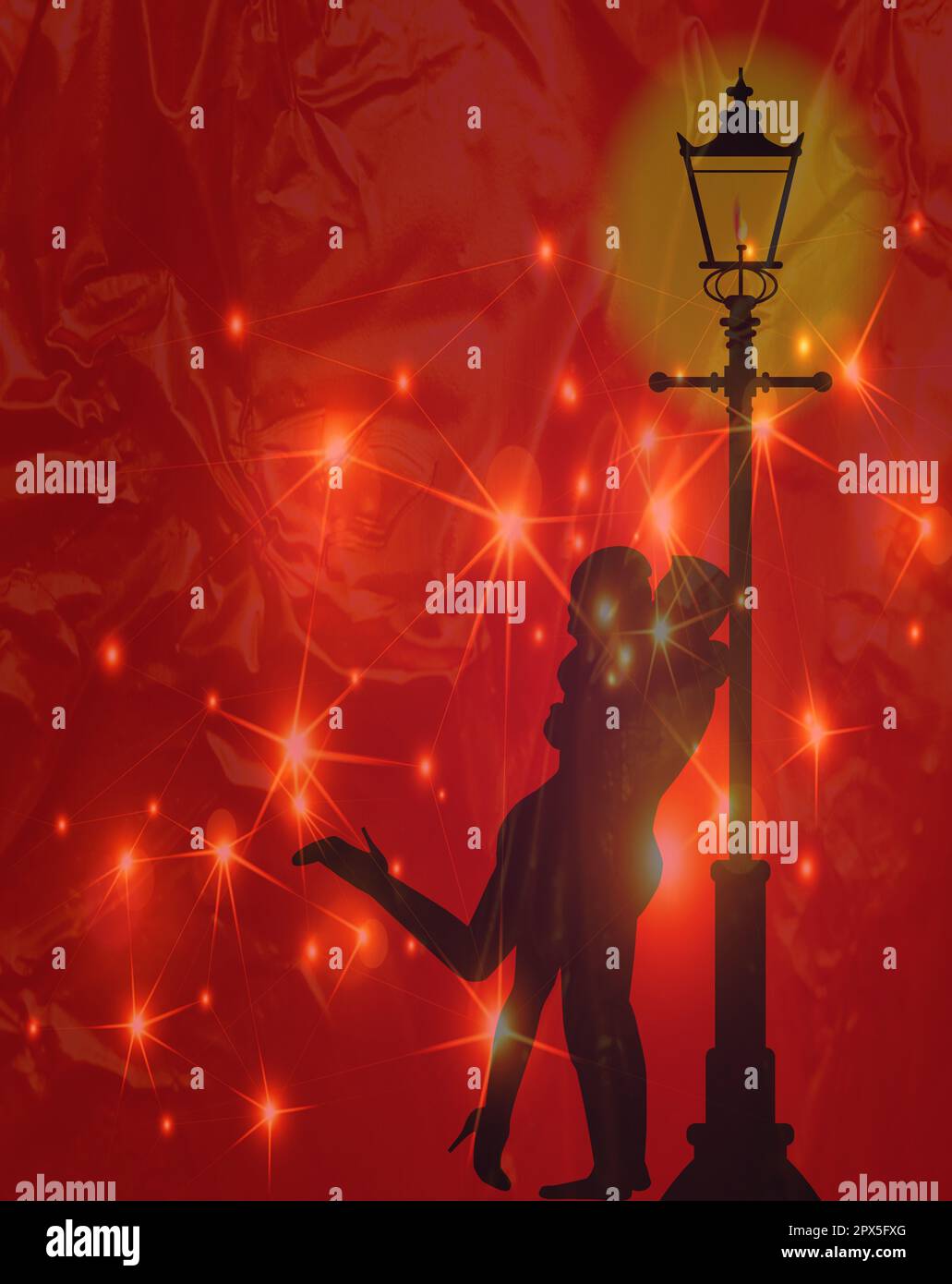 A couple kissing under the light of a gaslit lamppost With Lights Stock ...