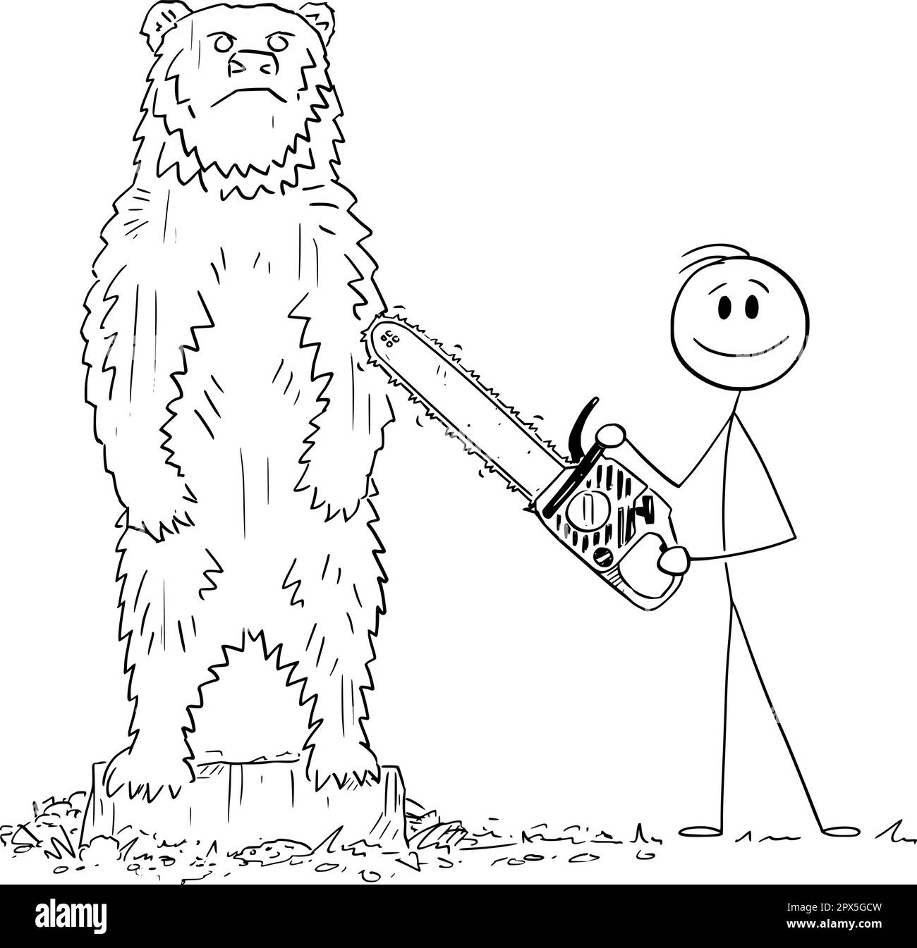 Woodcarver With Chainsaw Created Statue of Bear , Vector Cartoon Stick ...