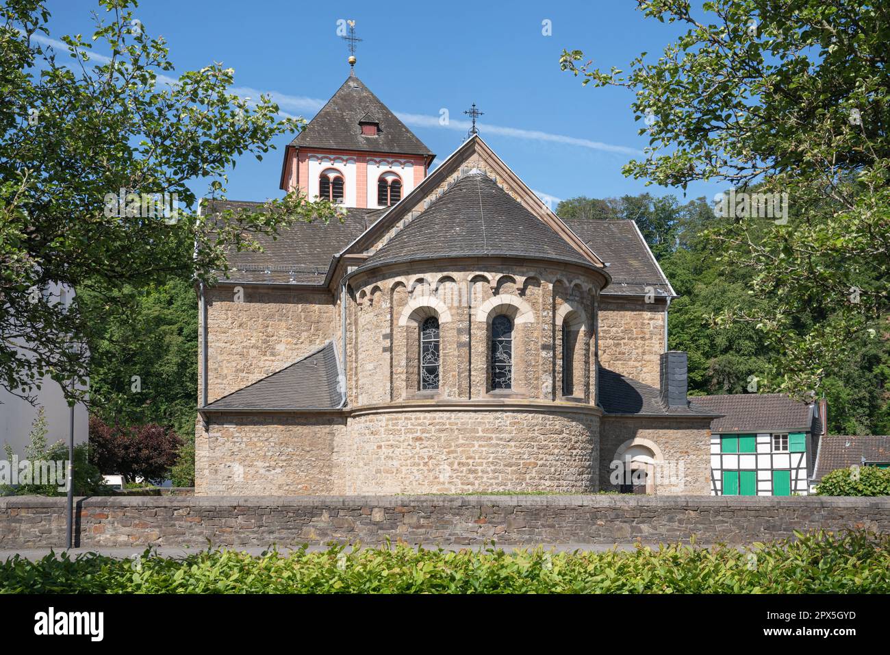 Center of village Odenthal with parish church and old buildings ...