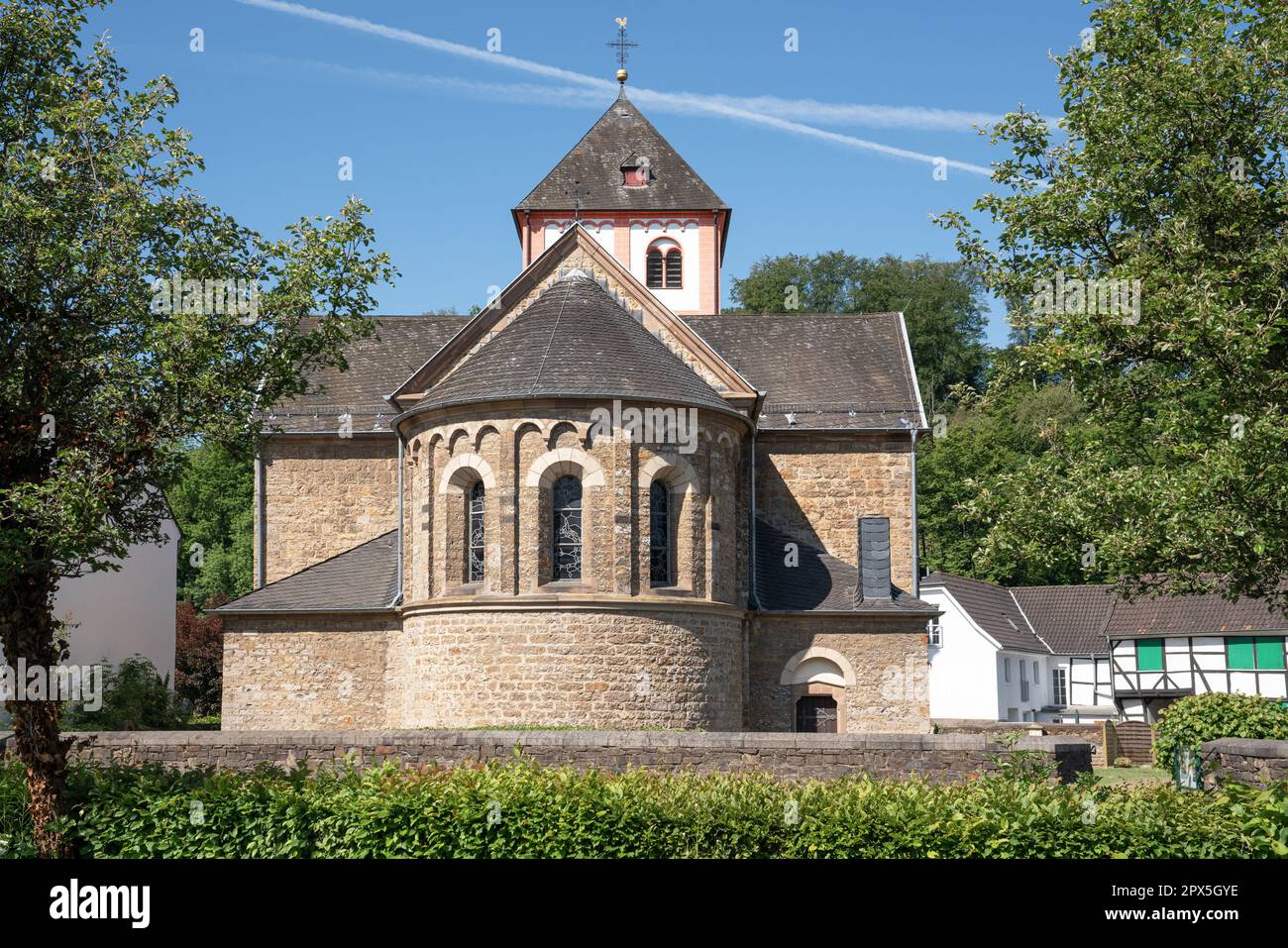 Center of village Odenthal with parish church and old buildings ...