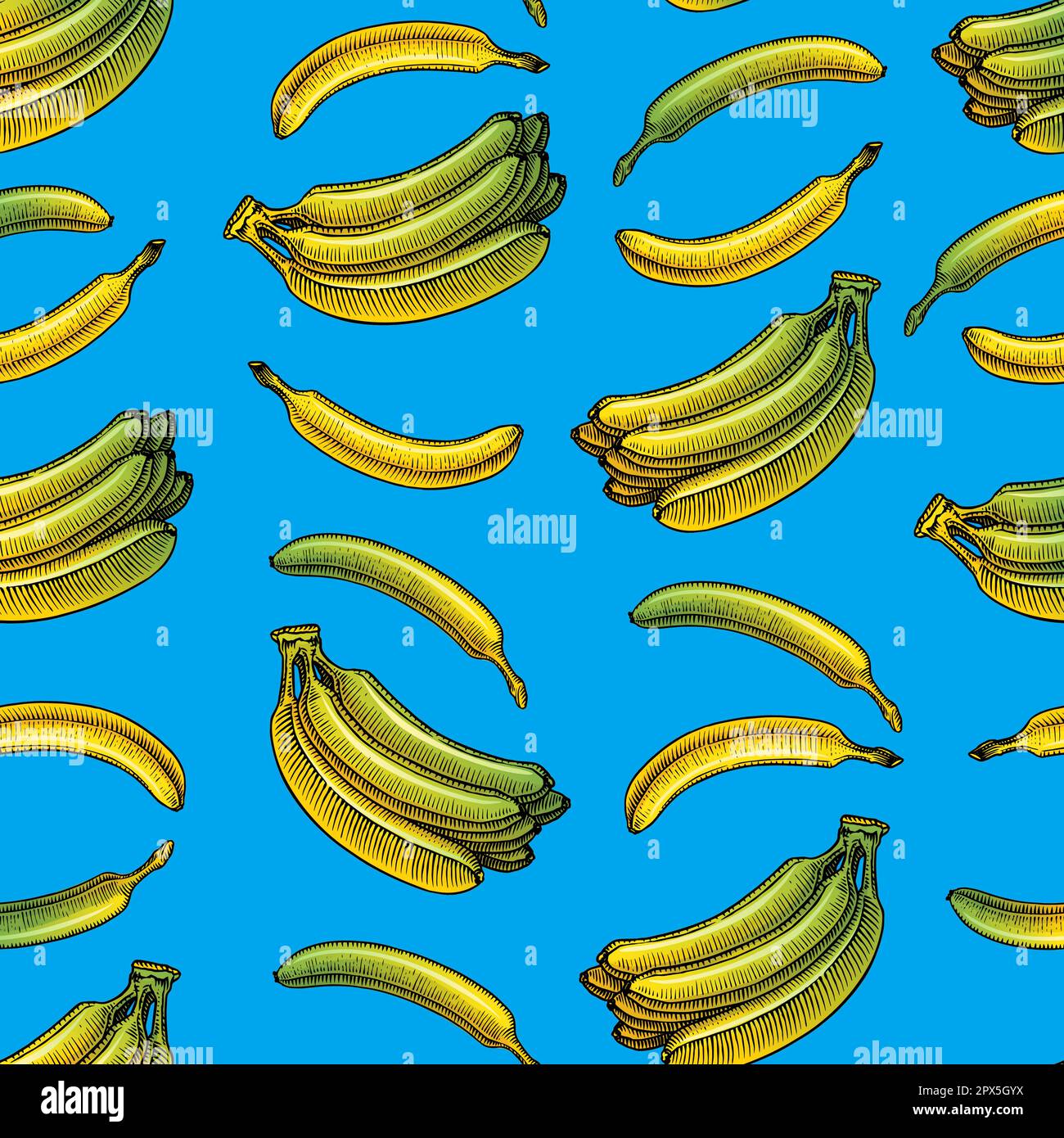 Banana fruit seamless pattern. Hand drawn with ink in vintage style ...