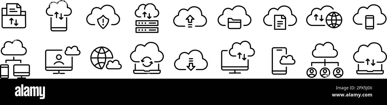 Cloud storage network. Secure data sharing and backup. Pixel perfect, editable stroke line ...