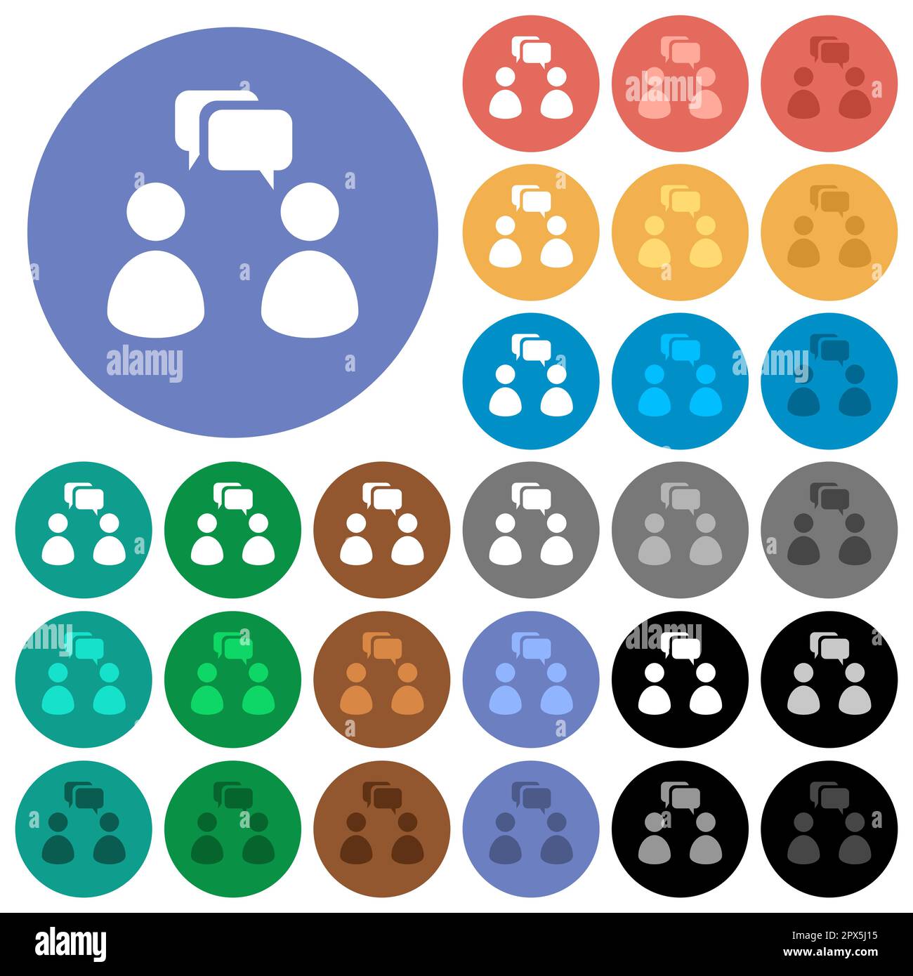 Two talking persons with rounded square bubbles solid multi colored ...