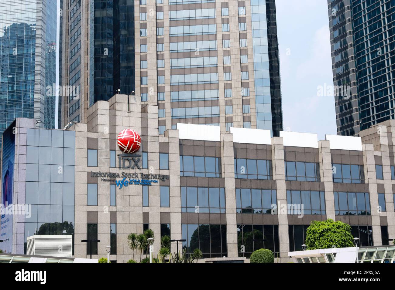 Exterior view of the building and logo of the Indonesian stock exchange ...