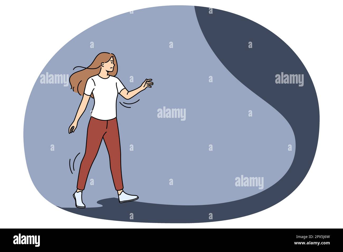 Anxious young woman look in unknown future. Worried girl on light path ...