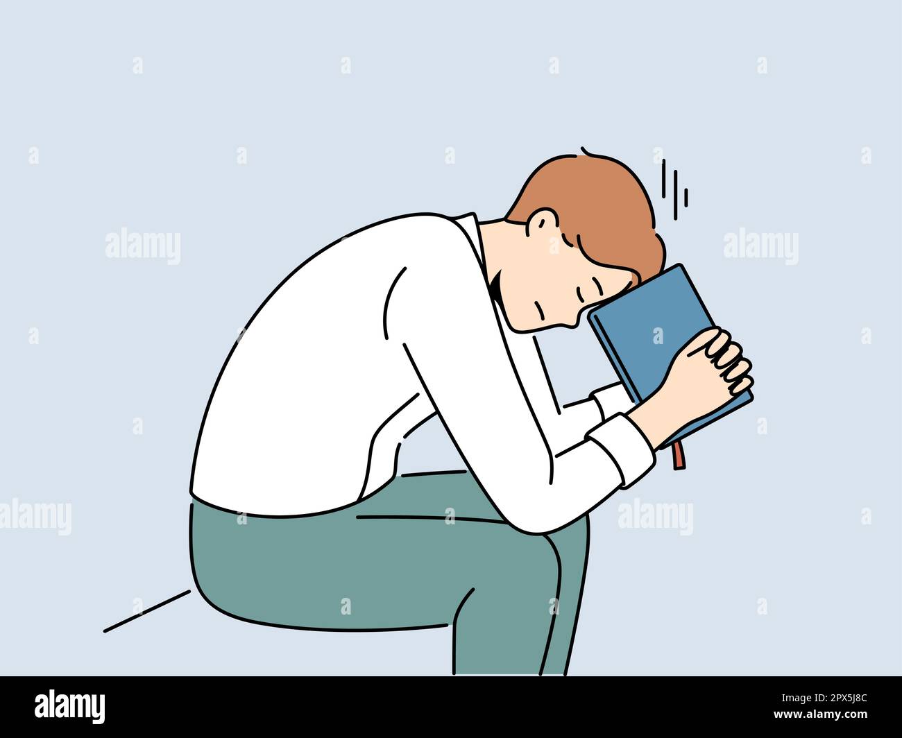 Pensive man sit on bench pray with bible. Thoughtful male believer feel ...