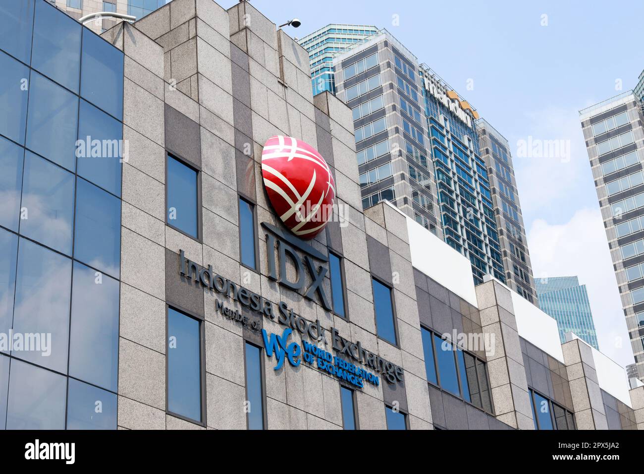 Exterior view of the building and logo of the Indonesian stock exchange ...