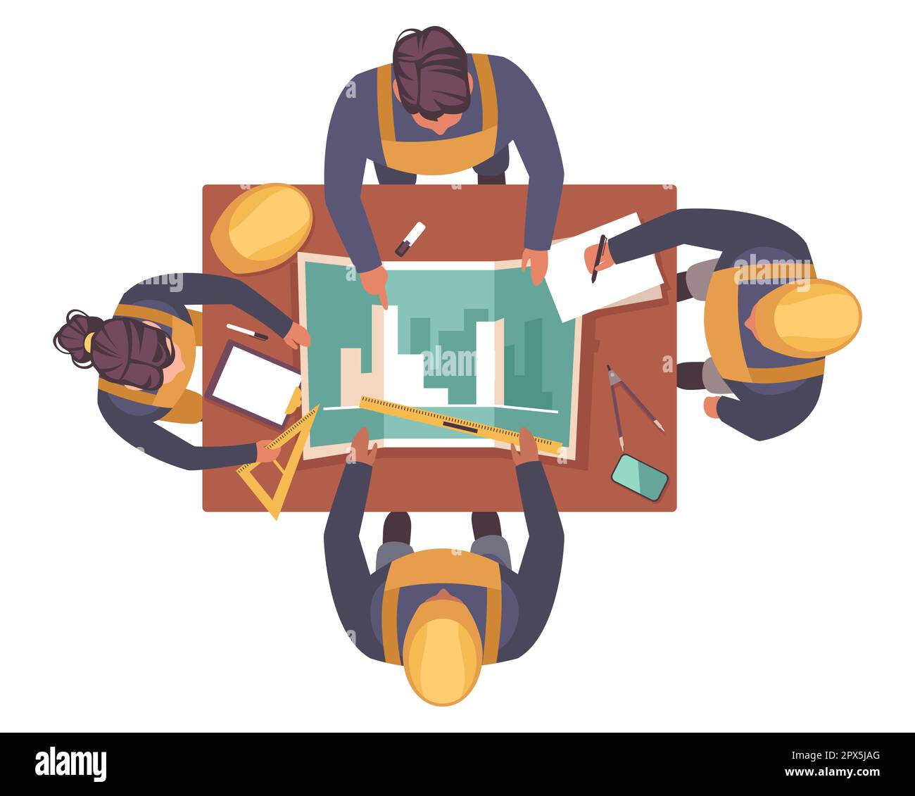 Team of young architects and builders discussing building project, top ...