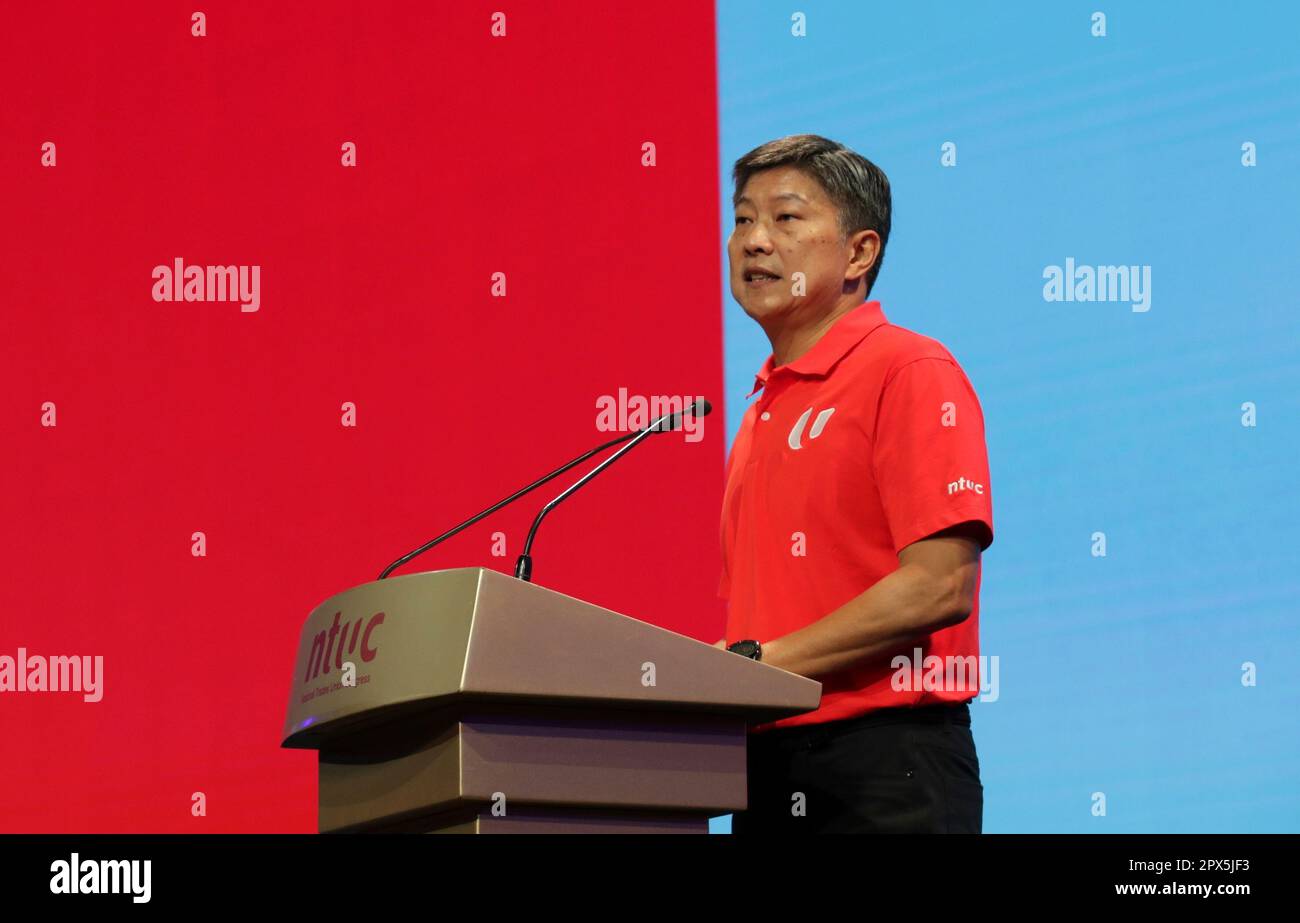 National Trades Union Congress (NTUC) Secretary-General Ng Chee Meng delivers his speech at the ...