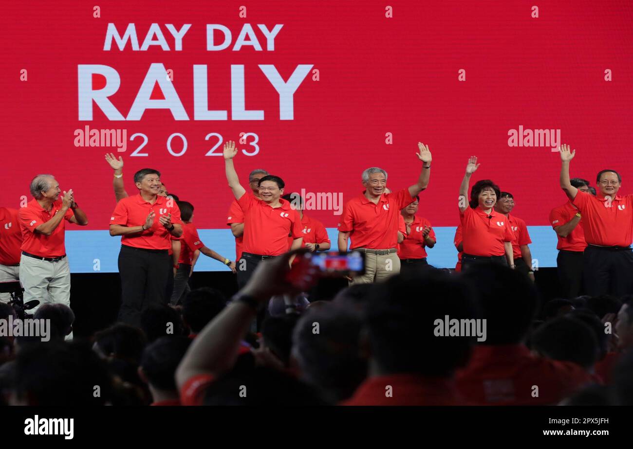 Prime Minister Lee Hsien Loong (fourth from left) at the May Day Rally with (from left ...