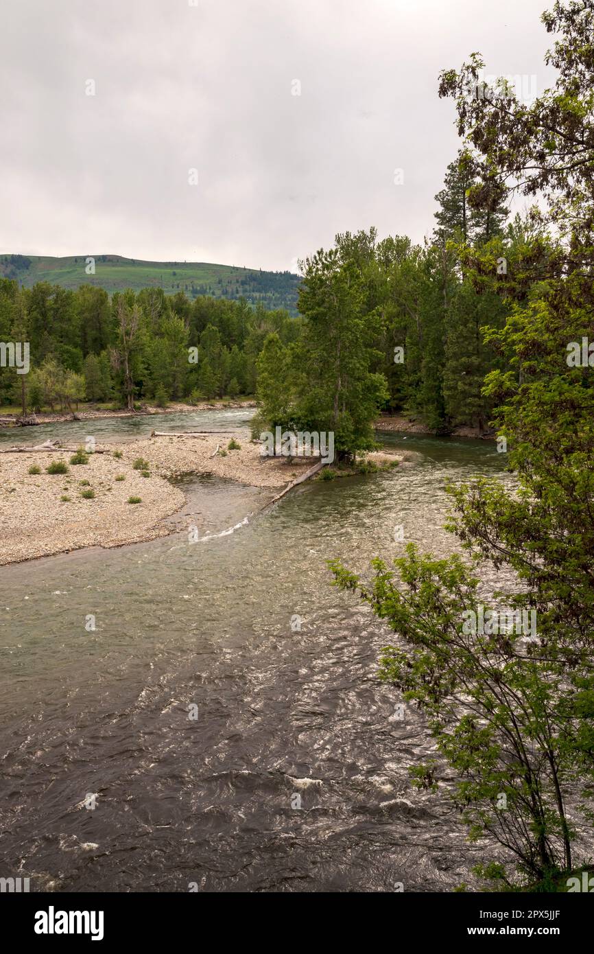 Vertical image of two rivers, the Methow and the Chewuch, converging in ...