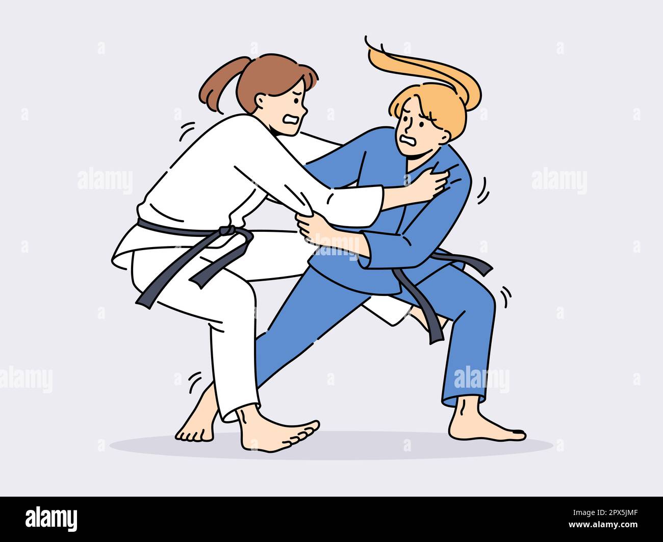 Women in karate kimonos fighting on ring. Female athletes in uniform ...