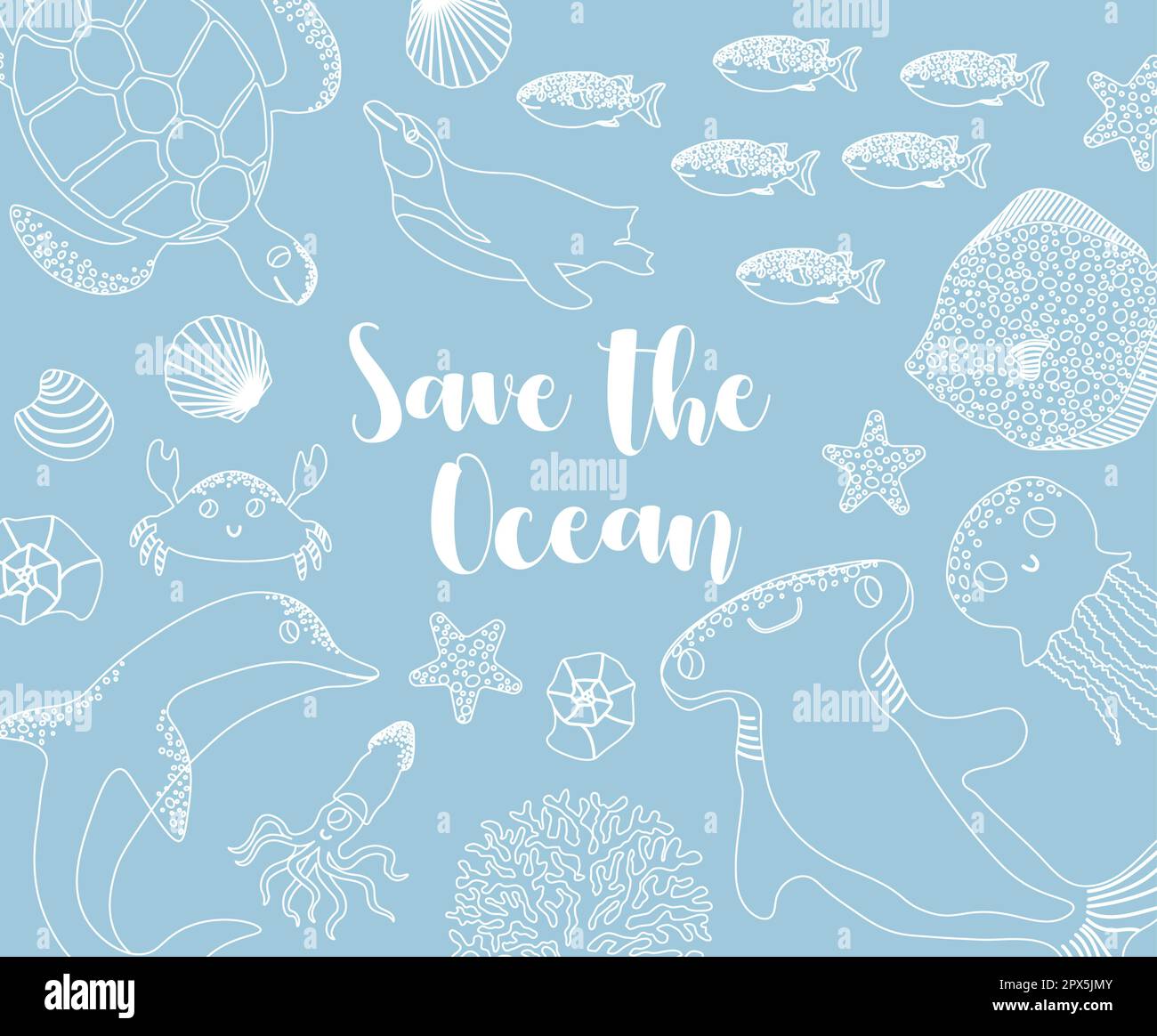 Vector ocean illustration with hammer fish,ellyfish,devil fish,penguin ...