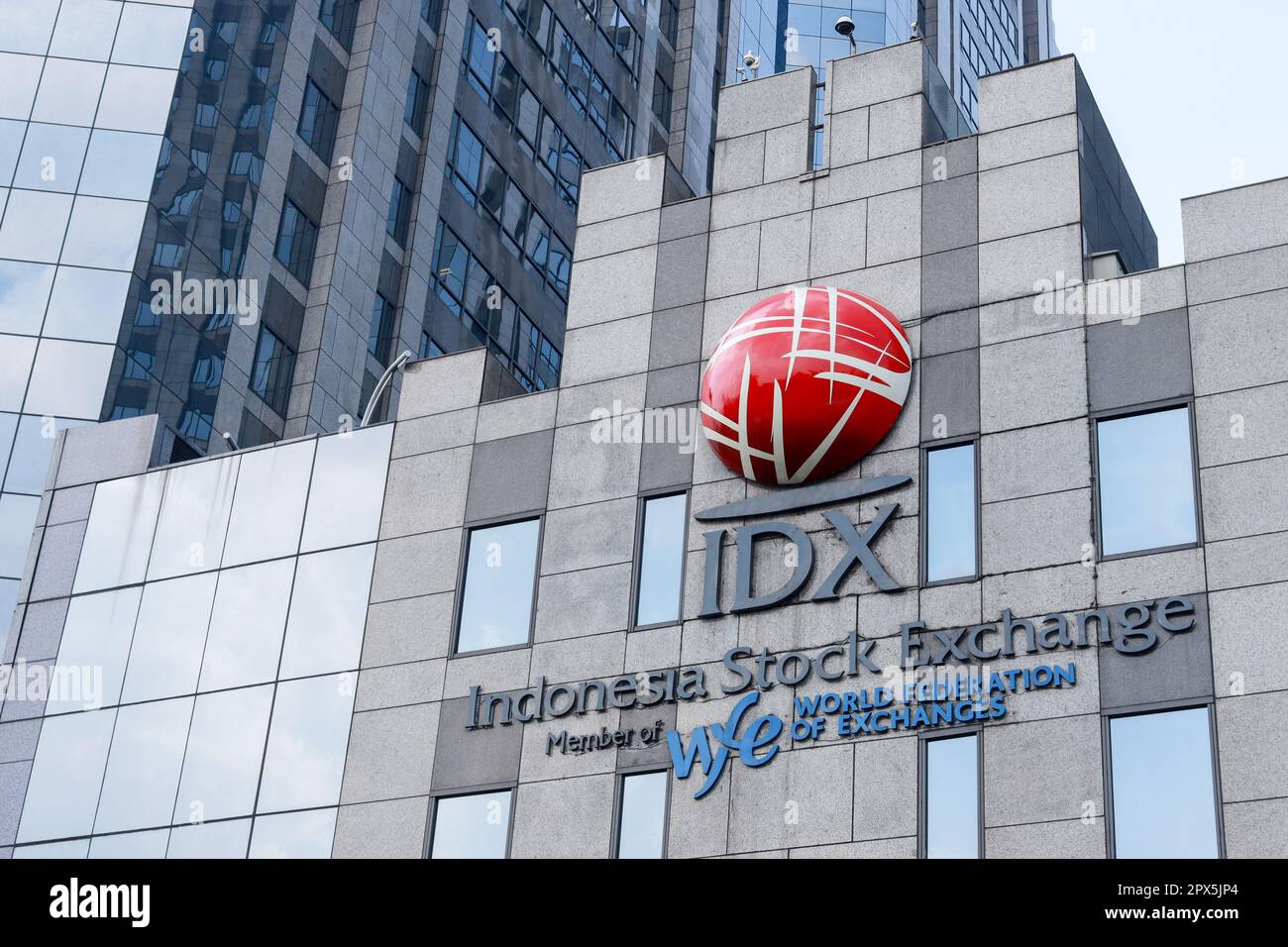Exterior view of the building and logo of the Indonesian stock exchange ...