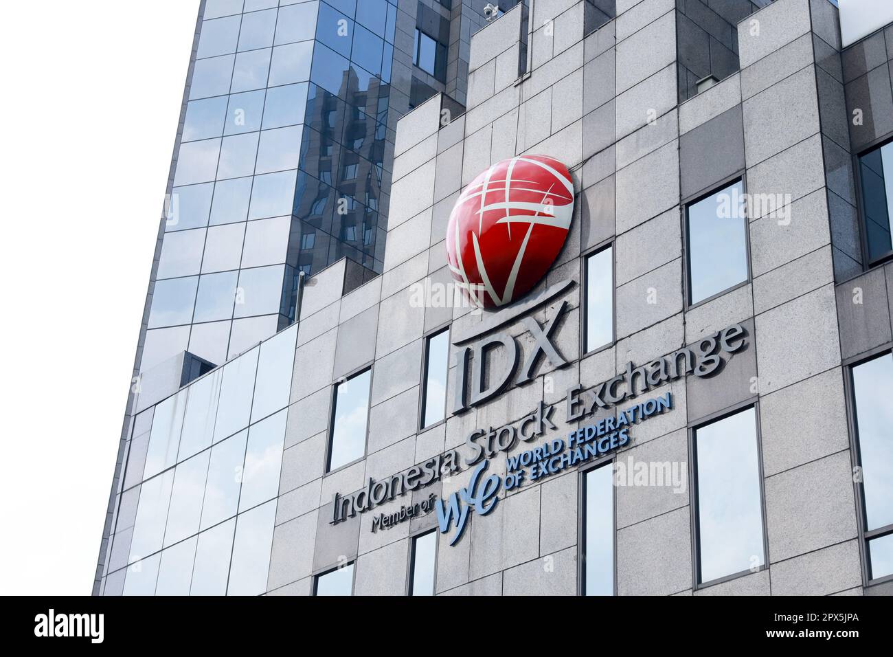 Exterior view of the building and logo of the Indonesian stock exchange ...