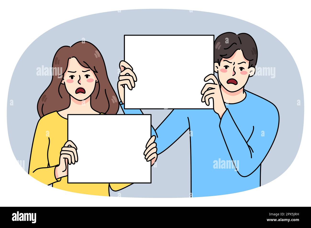 Angry people with banners protest against war and invasion. Determined ...