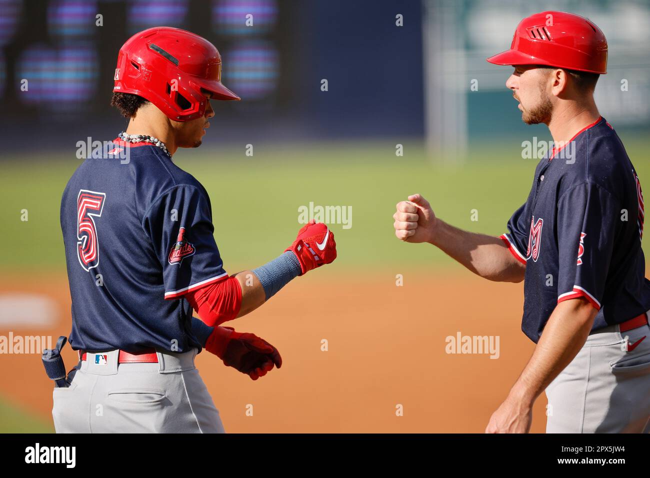 Durham, NC: Memphis Redbirds infielder Masyn Winn (5) gets a fist bump ...