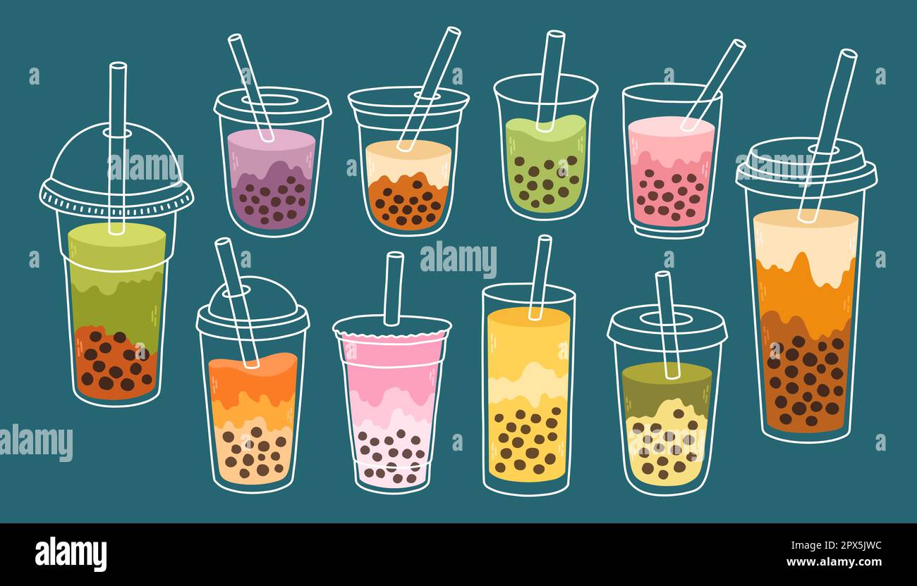 Bubble Milk Tea set. Milk tea with tapioca pearls. Boba tea. Asian Taiwanese drink. Hand drawn ...