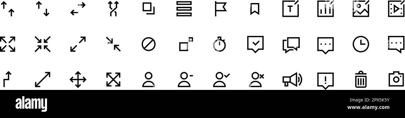 Simple minimalistic ui icons. Arrows, chat, user. Website navigation line symbols. Pixel perfect ...