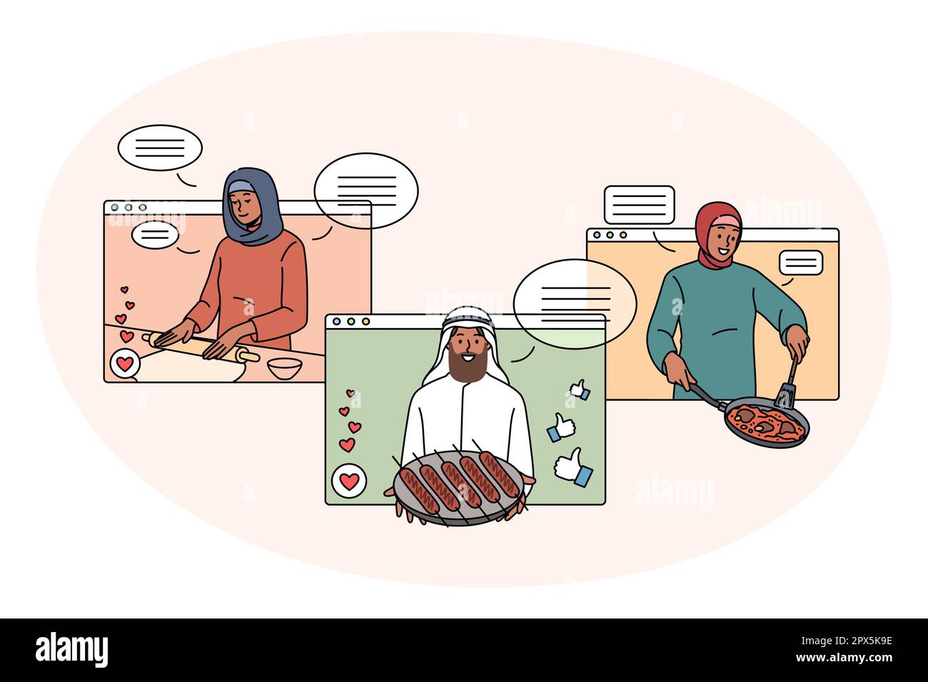 Set of diverse Arabic food bloggers on screen cooking tasty dishes on ...