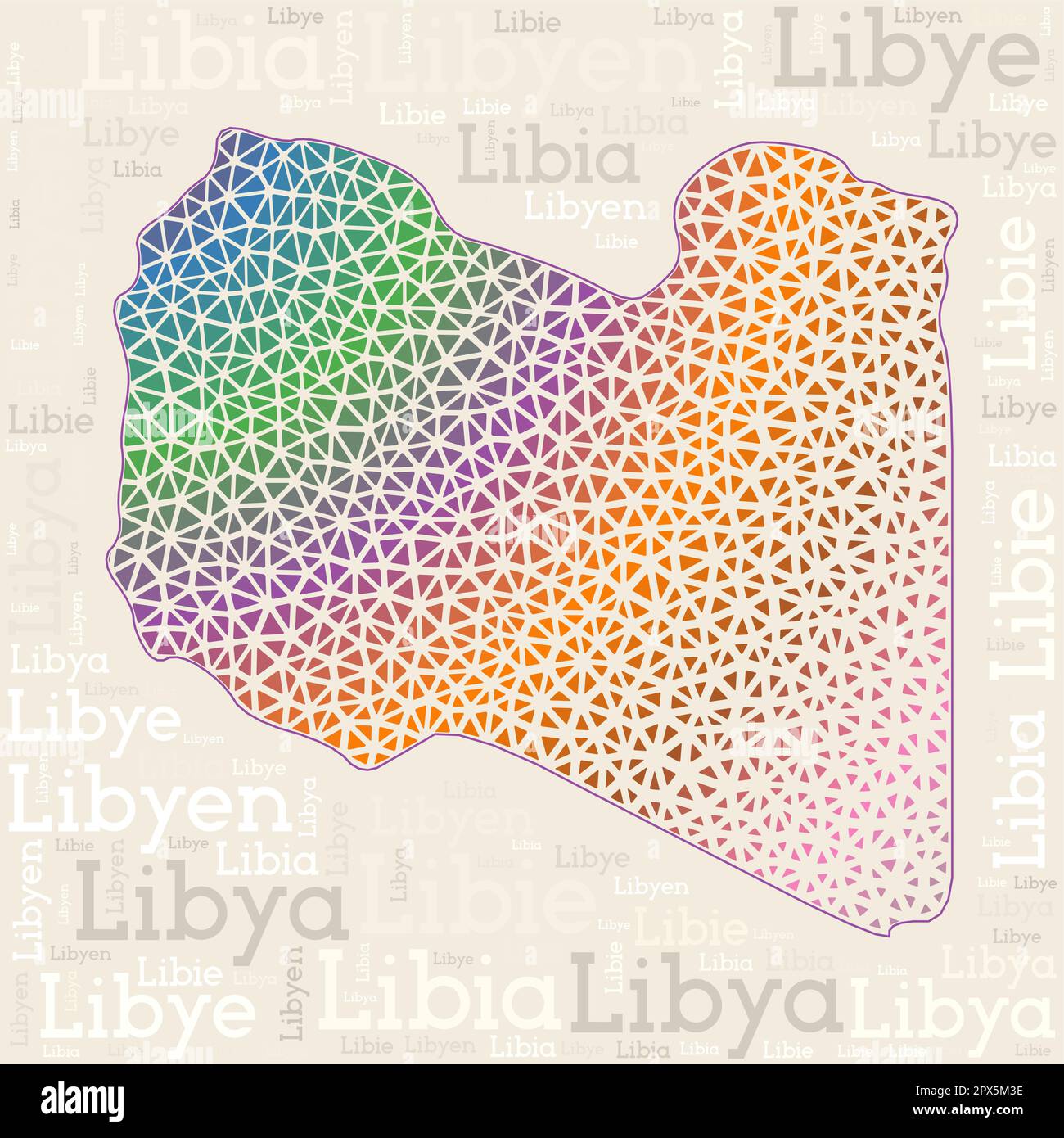 Libya map design. Country names in different languages and map shape with geometric low poly ...