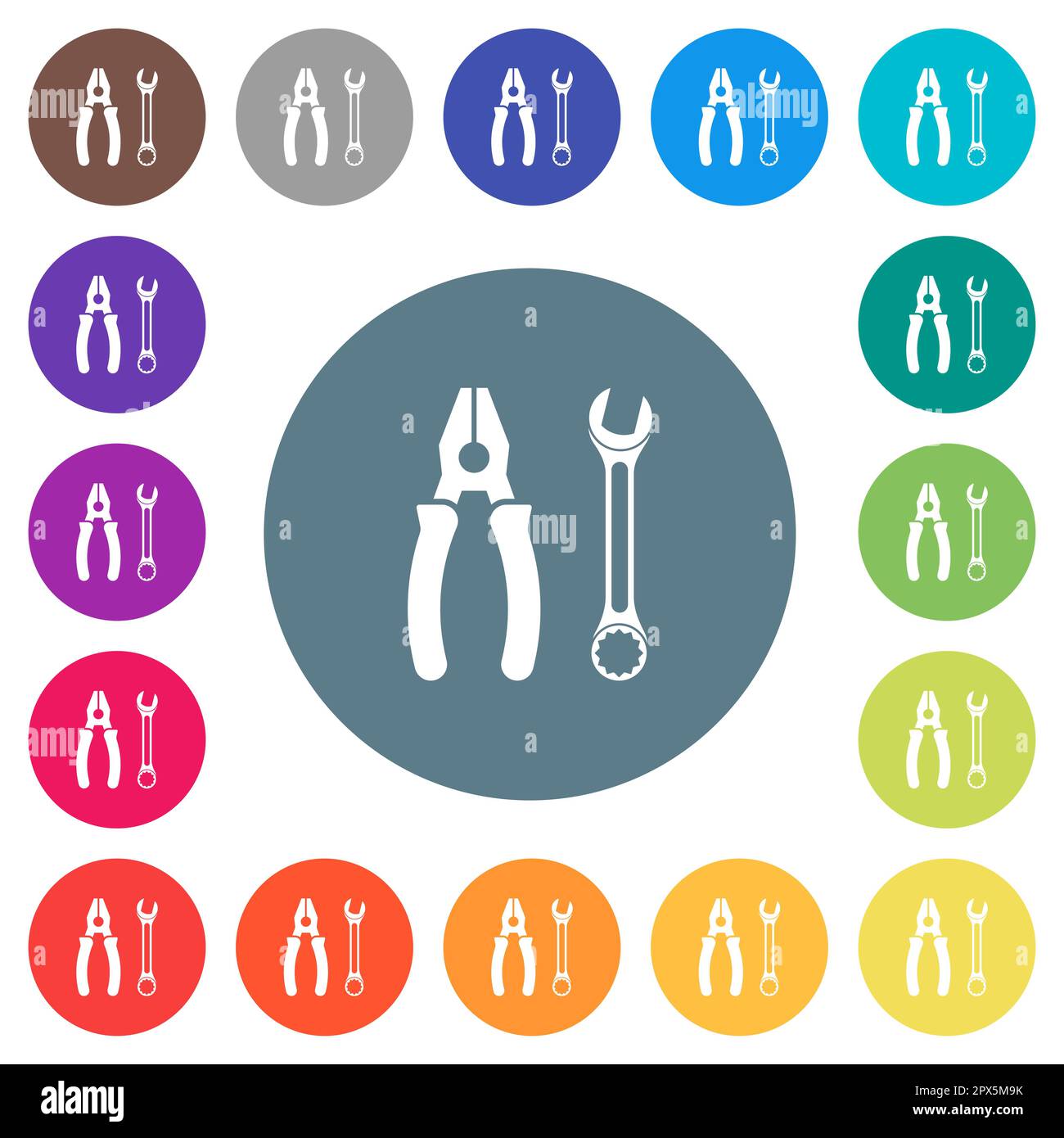 Combined pliers and wrench flat white icons on round color backgrounds ...