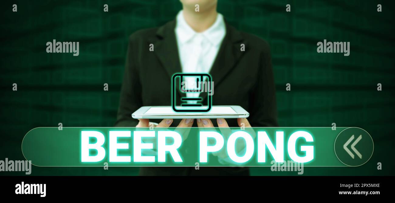 Hand writing sign Beer Pong, Concept meaning a game with a set of beer ...