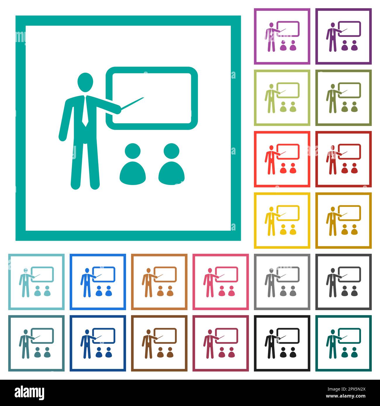 Training with students flat color icons with quadrant frames on white ...